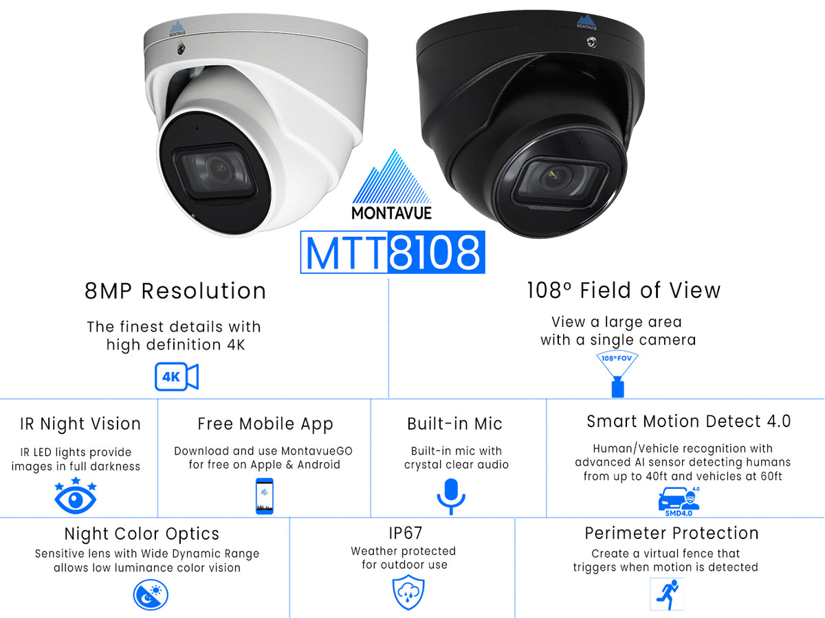 MTT8108-X Package | 8MP 4K SMD 4.0 Turret Cameras and 8 Channel NVR wi
